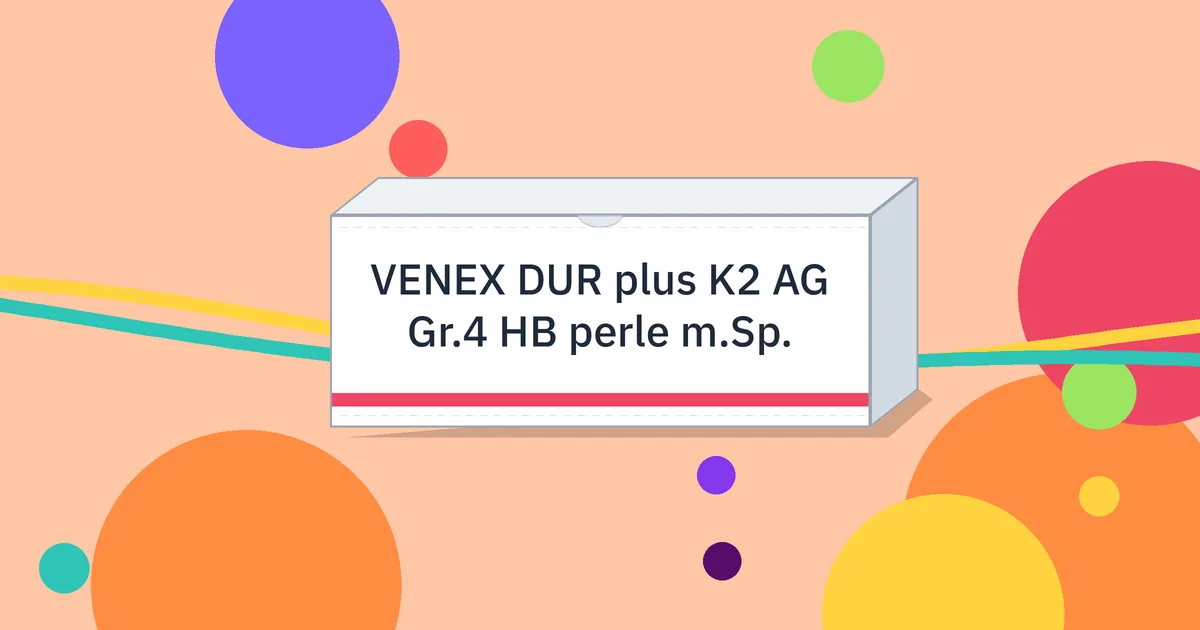 Symbolbild: Packung mit der Aufschrift VENEX DUR plus K2 AG Gr.4 HB perle m.Sp. (PZN 03236401) – Verfügbarkeit und Bezug in Apotheken in Frankfurt am Main