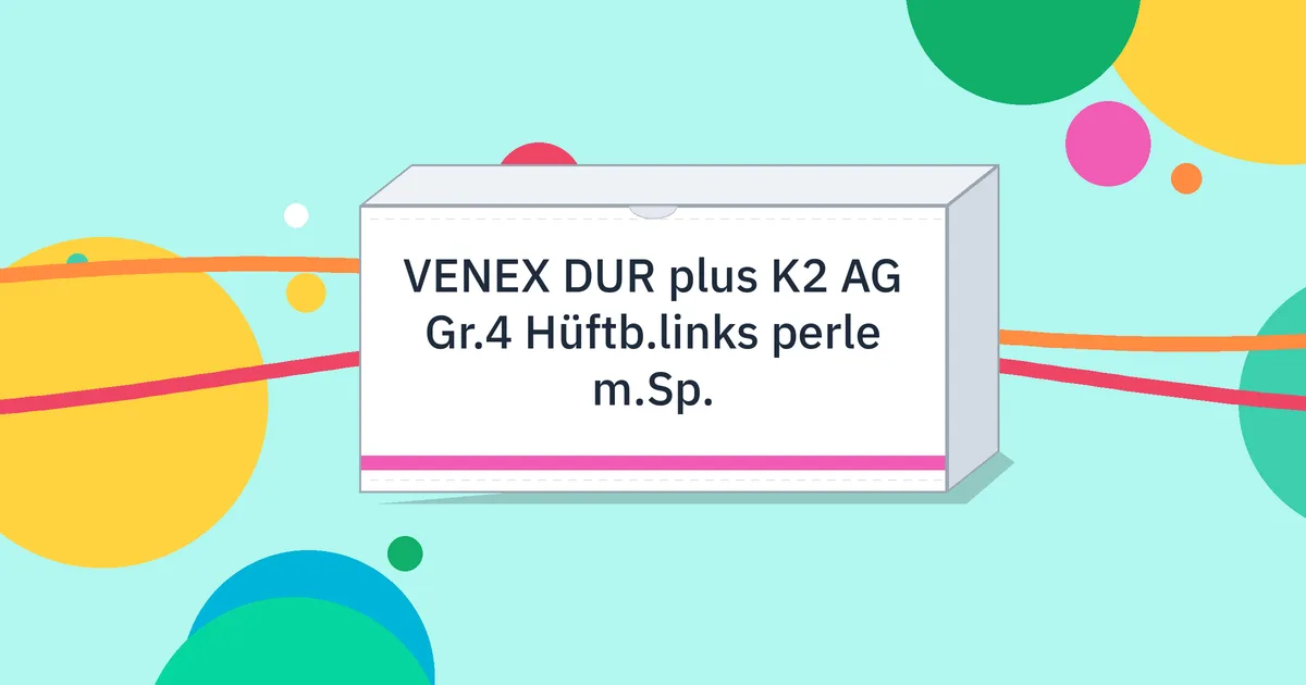 Symbolbild: Packung mit der Aufschrift VENEX DUR plus K2 AG Gr.4 Hüftb.links perle m.Sp. (PZN 03237820) – Verfügbarkeit und Bezug in Apotheken in Frankfurt am Main