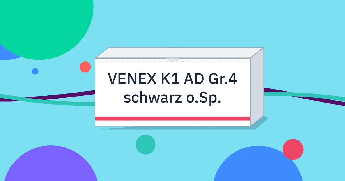 Symbolbild: Packung mit der Aufschrift VENEX K1 AD Gr.4 schwarz o.Sp. (PZN 03186152) – Verfügbarkeit und Bezug in Apotheken in Frankfurt am Main