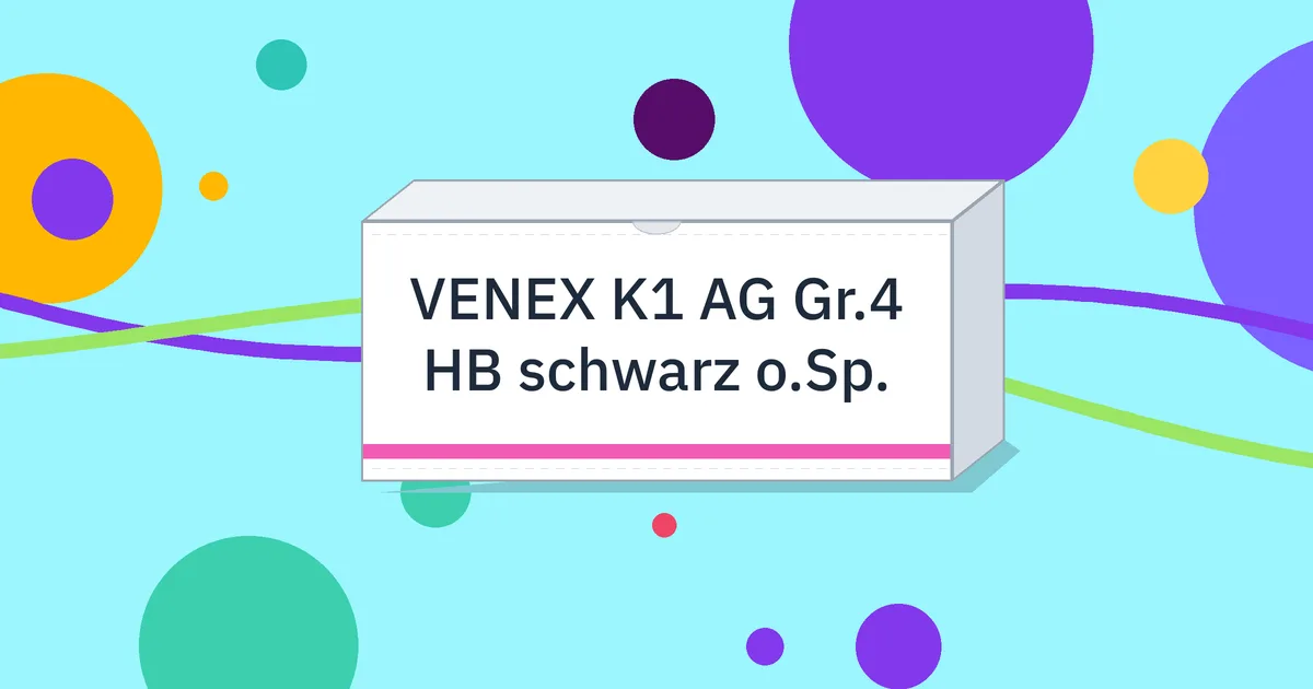 Symbolbild: Packung mit der Aufschrift VENEX K1 AG Gr.4 HB schwarz o.Sp. (PZN 03194200) – Verfügbarkeit und Bezug in Apotheken in Frankfurt am Main