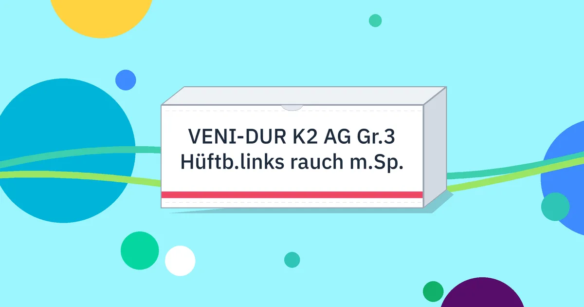 Symbolbild: Packung mit der Aufschrift VENI-DUR K2 AG Gr.3 Hüftb.links rauch m.Sp. (PZN 03248775) – Verfügbarkeit und Bezug in Apotheken in Frankfurt am Main