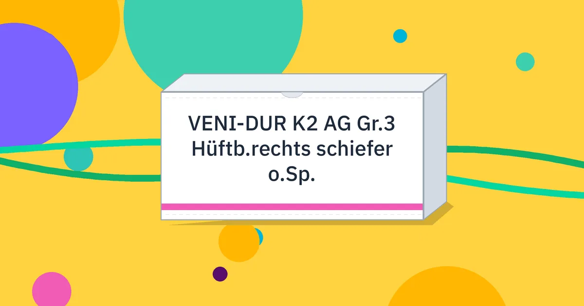 Symbolbild: Packung mit der Aufschrift VENI-DUR K2 AG Gr.3 Hüftb.rechts schiefer o.Sp. (PZN 03254149) – Verfügbarkeit und Bezug in Apotheken in Frankfurt am Main