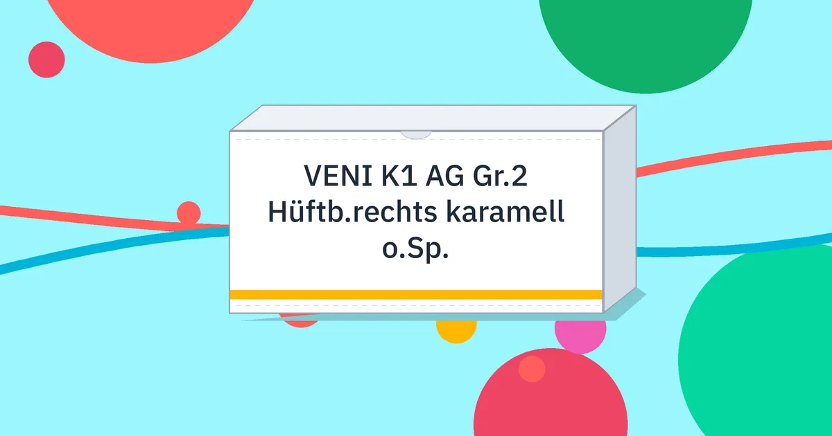 Symbolbild: Packung mit der Aufschrift VENI K1 AG Gr.2 Hüftb.rechts karamell o.Sp. (PZN 13760089) – Verfügbarkeit und Bezug in Apotheken in Frankfurt am Main