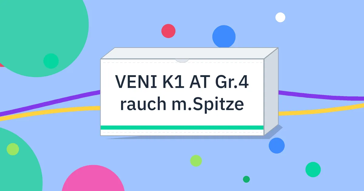 Symbolbild: Packung mit der Aufschrift VENI K1 AT Gr.4 rauch m.Spitze (PZN 08679882) – Verfügbarkeit und Bezug in Apotheken in Frankfurt am Main