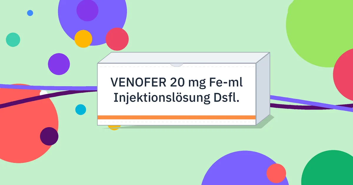 Symbolbild: Packung mit der Aufschrift VENOFER 20 mg Fe-ml Injektionslösung Dsfl. (PZN 16014240) – Verfügbarkeit und Bezug in Apotheken in Frankfurt am Main