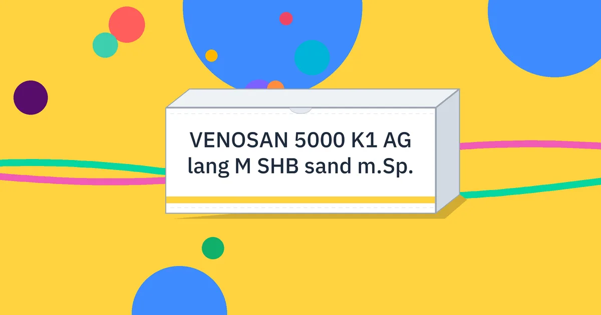 Symbolbild: Packung mit der Aufschrift VENOSAN 5000 K1 AG lang M SHB sand m.Sp. (PZN 14428316) – Verfügbarkeit und Bezug in Apotheken in Frankfurt am Main