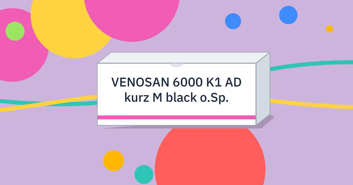 Symbolbild: Packung mit der Aufschrift VENOSAN 6000 K1 AD kurz M black o.Sp. (PZN 17171272) – Verfügbarkeit und Bezug in Apotheken in Frankfurt am Main