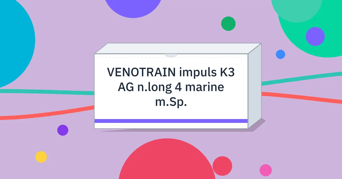 Symbolbild: Packung mit der Aufschrift VENOTRAIN impuls K3 AG n.long 4 marine m.Sp. (PZN 15212937) – Verfügbarkeit und Bezug in Apotheken in Frankfurt am Main