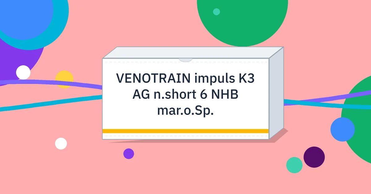 Symbolbild: Packung mit der Aufschrift VENOTRAIN impuls K3 AG n.short 6 NHB mar.o.Sp. (PZN 15215551) – Verfügbarkeit und Bezug in Apotheken in Frankfurt am Main
