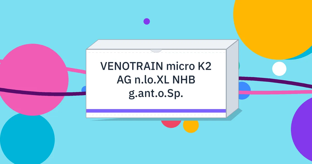 Symbolbild: Packung mit der Aufschrift VENOTRAIN micro K2 AG n.lo.XL NHB g.ant.o.Sp. (PZN 11062694) – Verfügbarkeit und Bezug in Apotheken in Frankfurt am Main