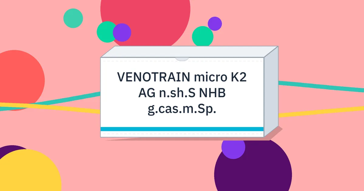 Symbolbild: Packung mit der Aufschrift VENOTRAIN micro K2 AG n.sh.S NHB g.cas.m.Sp. (PZN 20759187) – Verfügbarkeit und Bezug in Apotheken in Frankfurt am Main