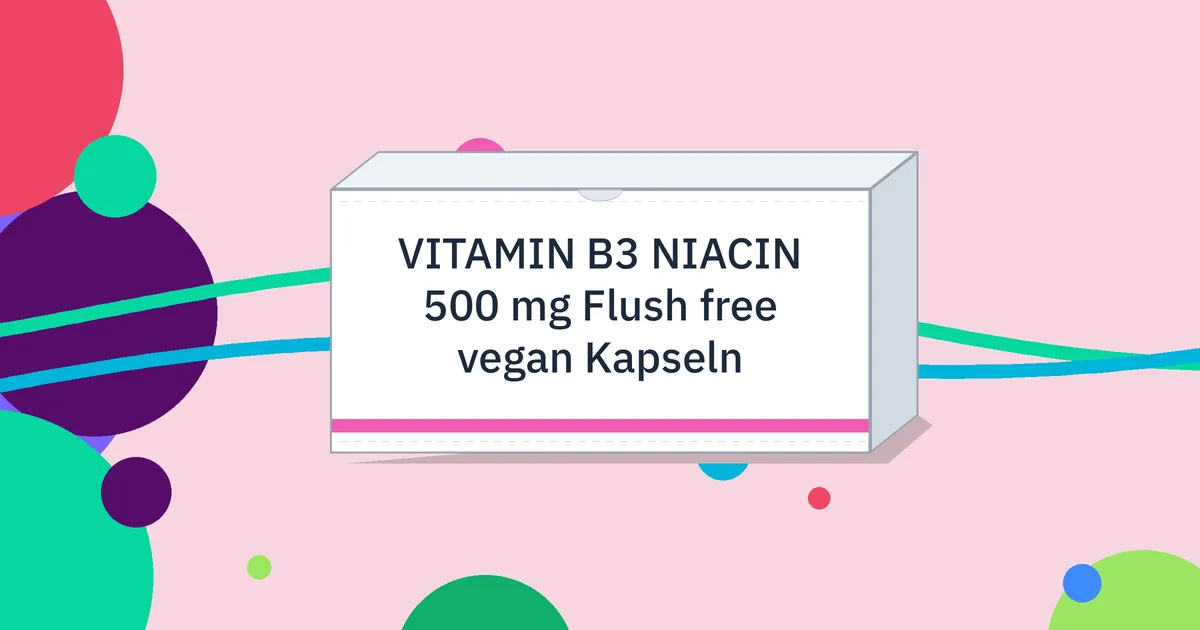 Symbolbild: Packung mit der Aufschrift VITAMIN B3 NIACIN 500 mg Flush free vegan Kapseln (PZN 18237317) – Verfügbarkeit und Bezug in Apotheken in Frankfurt am Main