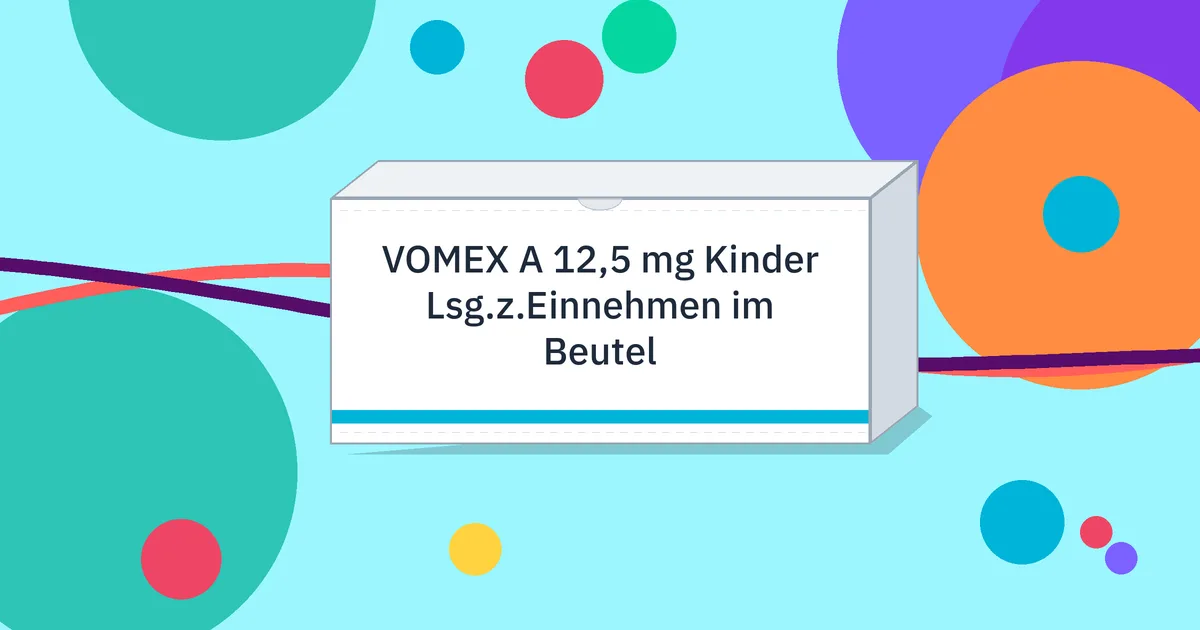 Symbolbild: Packung mit der Aufschrift VOMEX A 12,5 mg Kinder Lsg.z.Einnehmen im Beutel (PZN 16238531) – Verfügbarkeit und Bezug in Apotheken in Frankfurt am Main