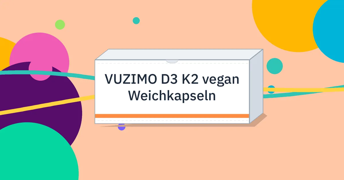 Symbolbild: Packung mit der Aufschrift VUZIMO D3 K2 vegan Weichkapseln (PZN 20918823) – Verfügbarkeit und Bezug in Apotheken in Frankfurt am Main