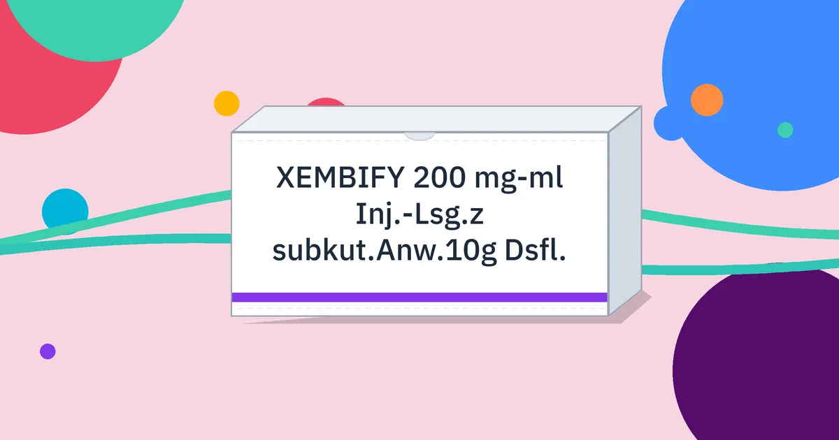 Symbolbild: Packung mit der Aufschrift XEMBIFY 200 mg-ml Inj.-Lsg.z subkut.Anw.10g Dsfl. (PZN 19399134) – Verfügbarkeit und Bezug in Apotheken in Frankfurt am Main