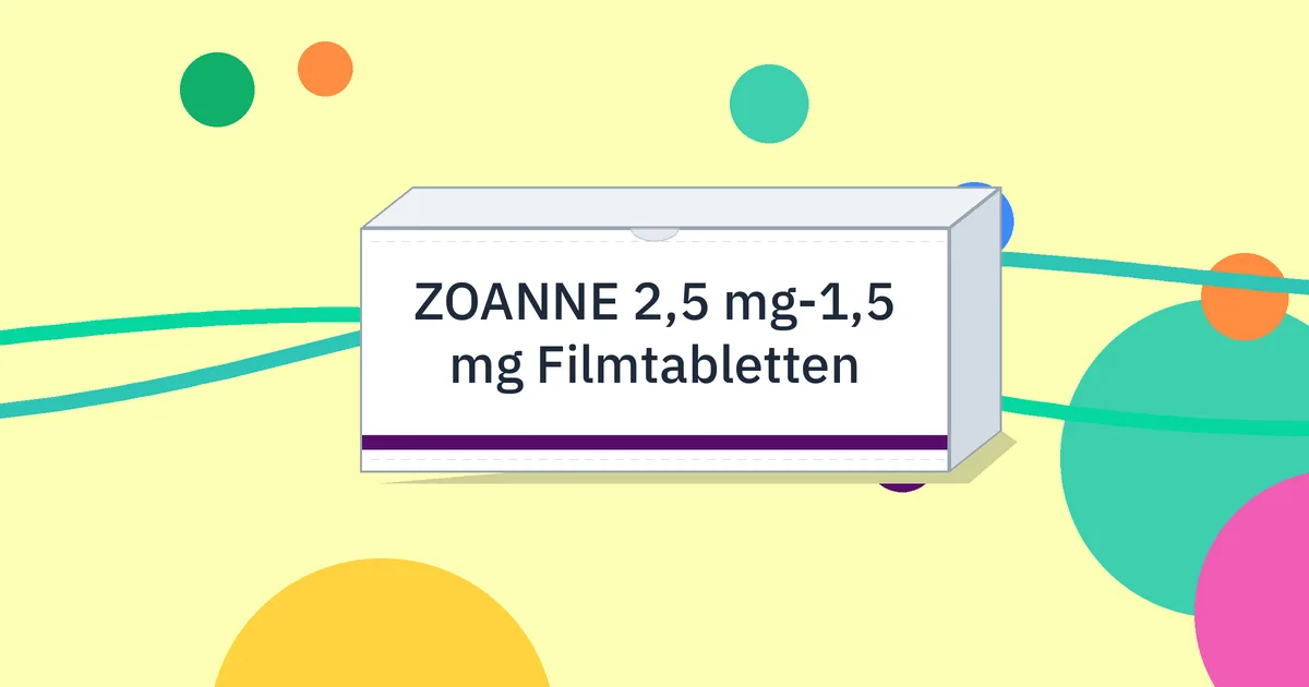 Symbolbild: Packung mit der Aufschrift ZOANNE 2,5 mg-1,5 mg Filmtabletten (PZN 18371582) – Verfügbarkeit und Bezug in Apotheken in Frankfurt am Main