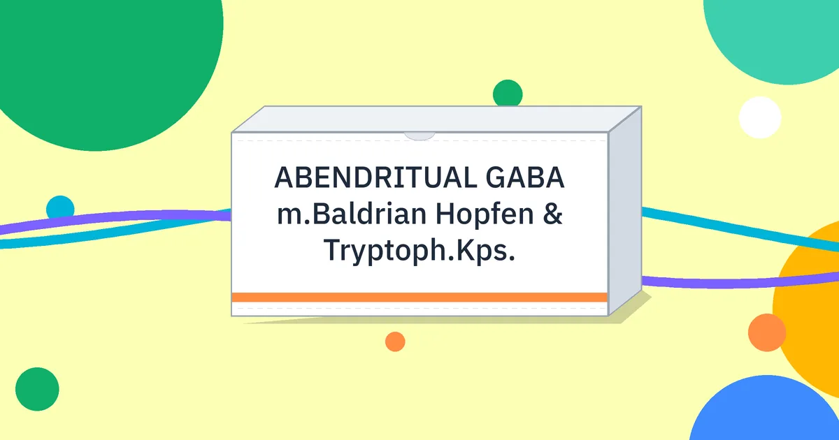 Symbolbild: Packung mit der Aufschrift ABENDRITUAL GABA m.Baldrian Hopfen & Tryptoph.Kps. (PZN 19199725) – Verfügbarkeit und Bezug in Apotheken in Frankfurt am Main