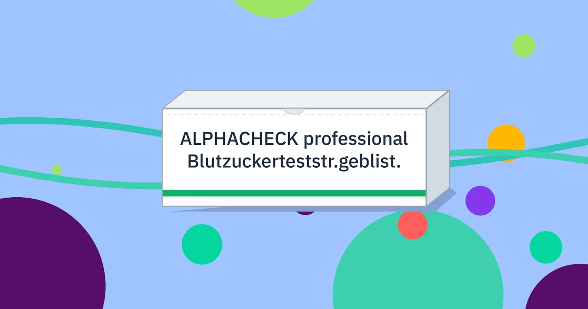 Symbolbild: Packung mit der Aufschrift ALPHACHECK professional Blutzuckerteststr.geblist. (PZN 12772587) – Verfügbarkeit und Bezug in Apotheken in Frankfurt am Main