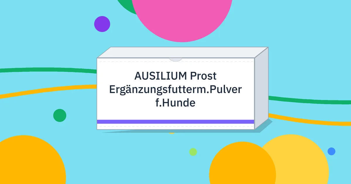 Symbolbild: Packung mit der Aufschrift AUSILIUM Prost Ergänzungsfutterm.Pulver f.Hunde (PZN 19454809) – Verfügbarkeit und Bezug in Apotheken in Frankfurt am Main