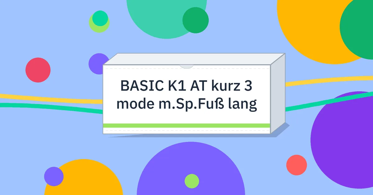 Symbolbild: Packung mit der Aufschrift BASIC K1 AT kurz 3 mode m.Sp.Fuß lang (PZN 20262713) – Verfügbarkeit und Bezug in Apotheken in Frankfurt am Main