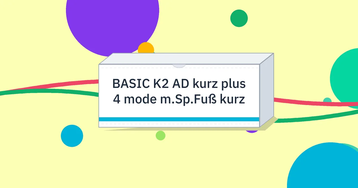 Symbolbild: Packung mit der Aufschrift BASIC K2 AD kurz plus 4 mode m.Sp.Fuß kurz (PZN 20265108) – Verfügbarkeit und Bezug in Apotheken in Frankfurt am Main
