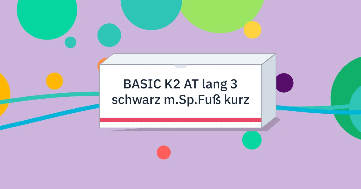 Symbolbild: Packung mit der Aufschrift BASIC K2 AT lang 3 schwarz m.Sp.Fuß kurz (PZN 20269112) – Verfügbarkeit und Bezug in Apotheken in Frankfurt am Main