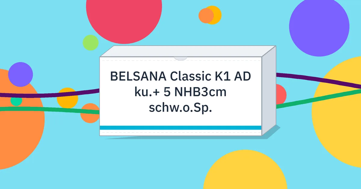 Symbolbild: Packung mit der Aufschrift BELSANA Classic K1 AD ku.+ 5 NHB3cm schw.o.Sp. (PZN 19256475) – Verfügbarkeit und Bezug in Apotheken in Frankfurt am Main