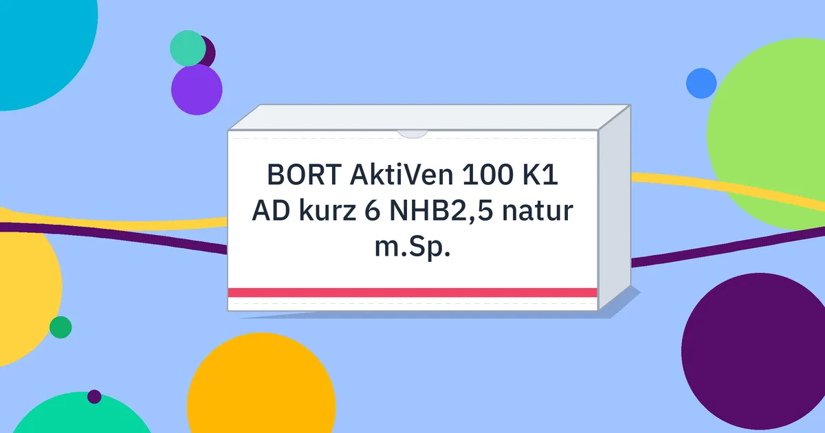Symbolbild: Packung mit der Aufschrift BORT AktiVen 100 K1 AD kurz 6 NHB2,5 natur m.Sp. (PZN 17498530) – Verfügbarkeit und Bezug in Apotheken in Frankfurt am Main