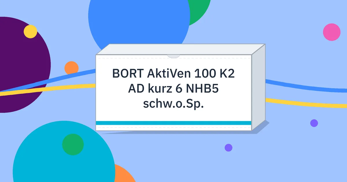 Symbolbild: Packung mit der Aufschrift BORT AktiVen 100 K2 AD kurz 6 NHB5 schw.o.Sp. (PZN 17496985) – Verfügbarkeit und Bezug in Apotheken in Frankfurt am Main
