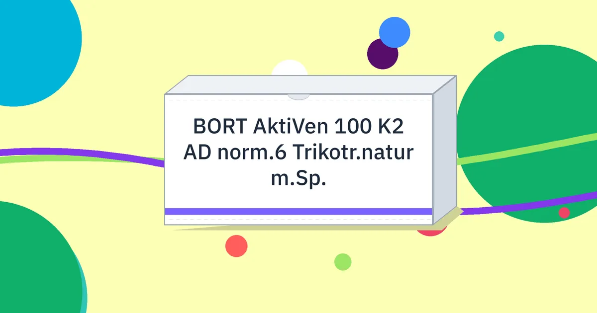 Symbolbild: Packung mit der Aufschrift BORT AktiVen 100 K2 AD norm.6 Trikotr.natur m.Sp. (PZN 13726514) – Verfügbarkeit und Bezug in Apotheken in Frankfurt am Main
