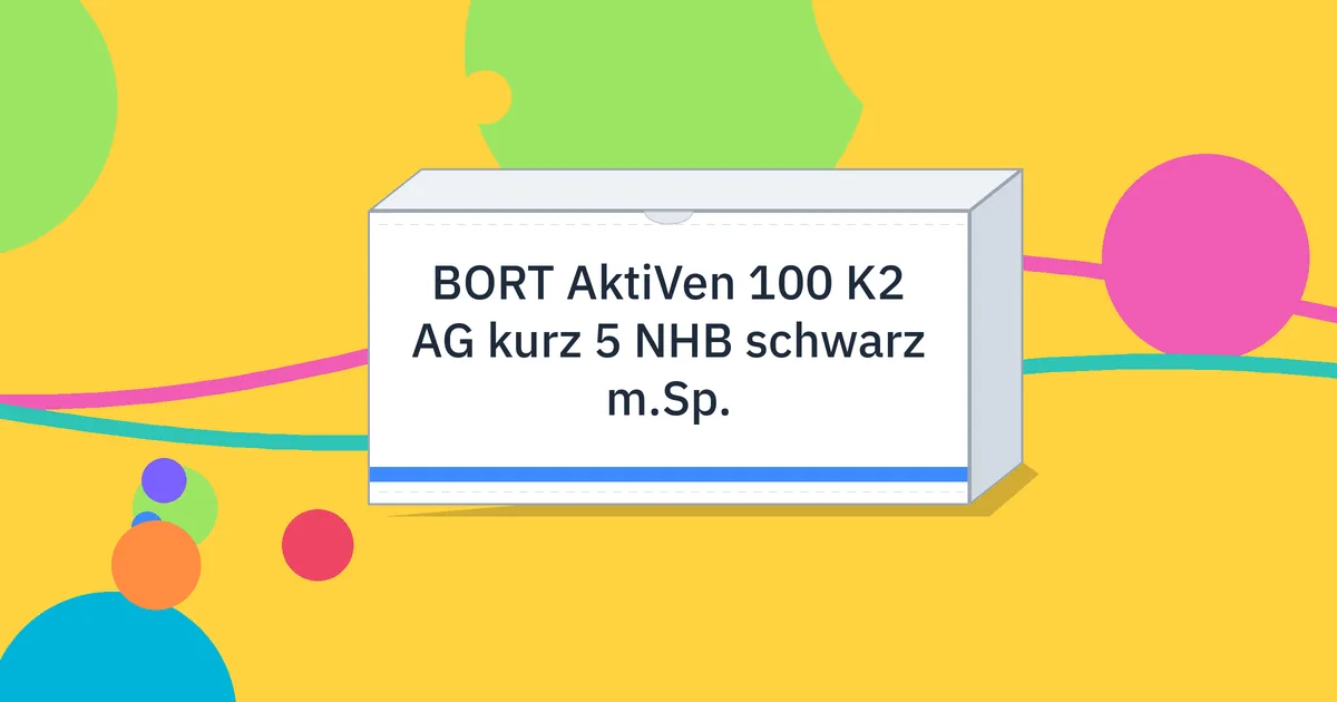 Symbolbild: Packung mit der Aufschrift BORT AktiVen 100 K2 AG kurz 5 NHB schwarz m.Sp. (PZN 14388083) – Verfügbarkeit und Bezug in Apotheken in Frankfurt am Main