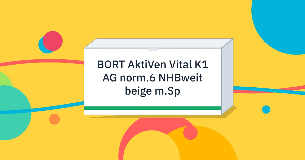 Symbolbild: Packung mit der Aufschrift BORT AktiVen Vital K1 AG norm.6 NHBweit beige m.Sp (PZN 13731277) – Verfügbarkeit und Bezug in Apotheken in Frankfurt am Main