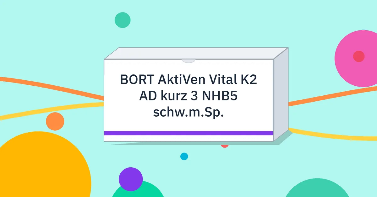 Symbolbild: Packung mit der Aufschrift BORT AktiVen Vital K2 AD kurz 3 NHB5 schw.m.Sp. (PZN 17493372) – Verfügbarkeit und Bezug in Apotheken in Frankfurt am Main