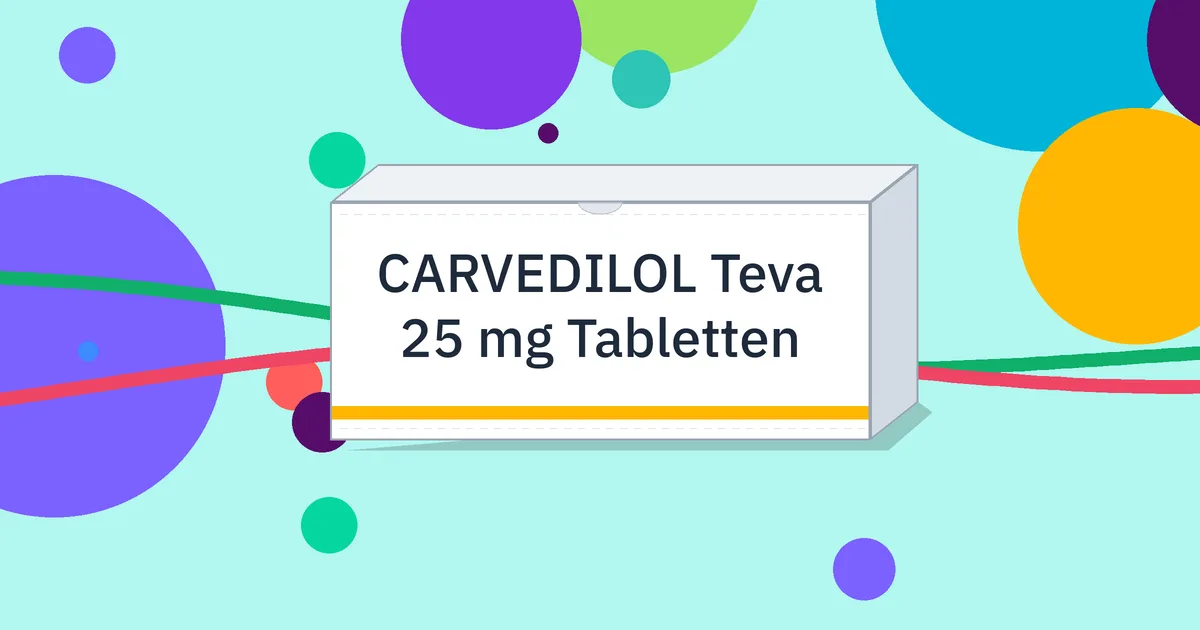 Symbolbild: Packung mit der Aufschrift CARVEDILOL Teva 25 mg Tabletten (PZN 01021719) – Verfügbarkeit und Bezug in Apotheken in Frankfurt am Main