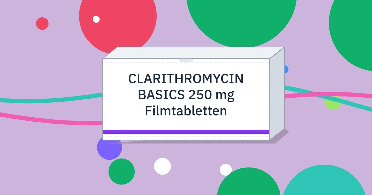 Symbolbild: Packung mit der Aufschrift CLARITHROMYCIN BASICS 250 mg Filmtabletten (PZN 03648204) – Verfügbarkeit und Bezug in Apotheken in Frankfurt am Main