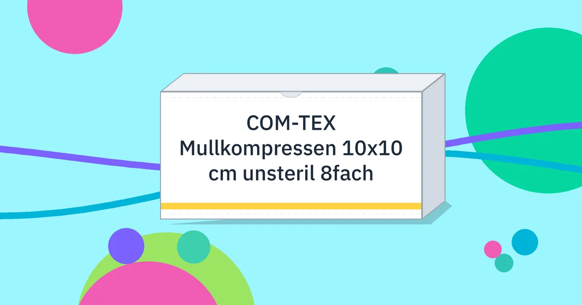 Symbolbild: Packung mit der Aufschrift COM-TEX Mullkompressen 10x10 cm unsteril 8fach (PZN 00025508) – Verfügbarkeit und Bezug in Apotheken in Frankfurt am Main