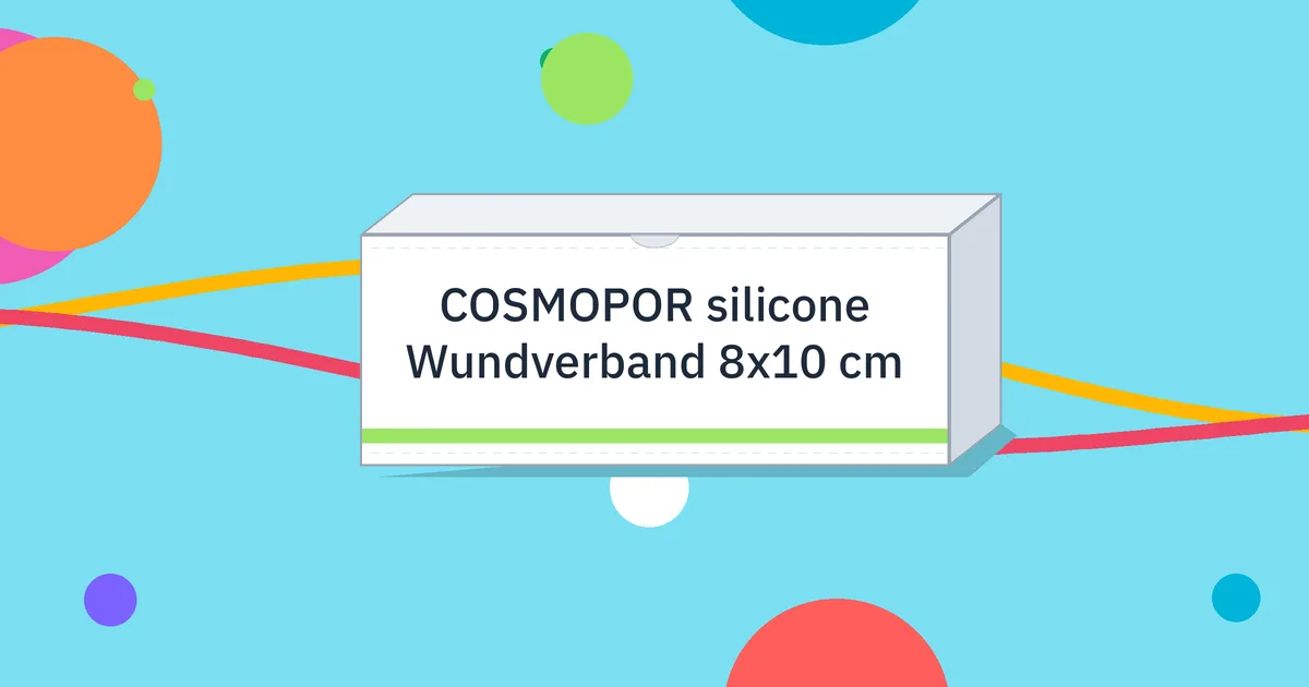 Symbolbild: Packung mit der Aufschrift COSMOPOR silicone Wundverband 8x10 cm (PZN 20306735) – Verfügbarkeit und Bezug in Apotheken in Frankfurt am Main