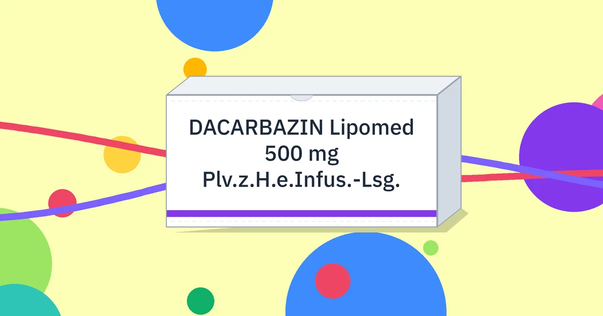 Symbolbild: Packung mit der Aufschrift DACARBAZIN Lipomed 500 mg Plv.z.H.e.Infus.-Lsg. (PZN 13058389) – Verfügbarkeit und Bezug in Apotheken in Frankfurt am Main