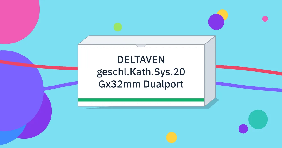 Symbolbild: Packung mit der Aufschrift DELTAVEN geschl.Kath.Sys.20 Gx32mm Dualport (PZN 13977067) – Verfügbarkeit und Bezug in Apotheken in Frankfurt am Main