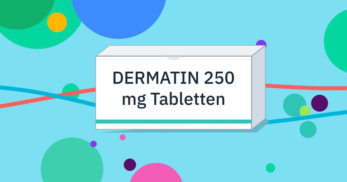Symbolbild: Packung mit der Aufschrift DERMATIN 250 mg Tabletten (PZN 04218405) – Verfügbarkeit und Bezug in Apotheken in Frankfurt am Main