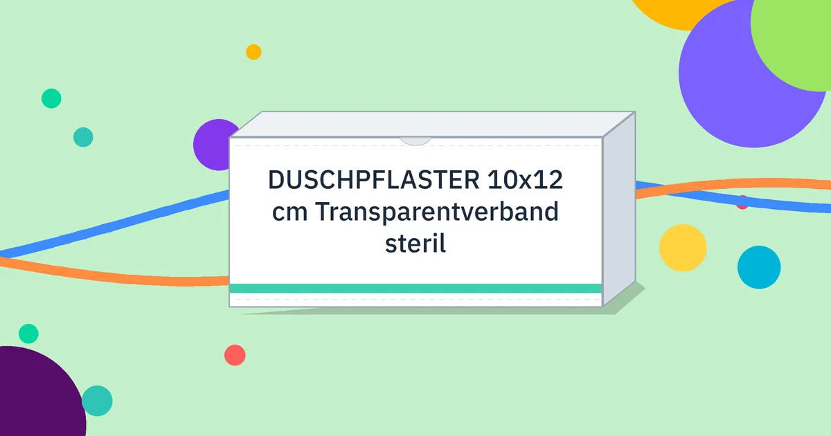Symbolbild: Packung mit der Aufschrift DUSCHPFLASTER 10x12 cm Transparentverband steril (PZN 03687061) – Verfügbarkeit und Bezug in Apotheken in Frankfurt am Main