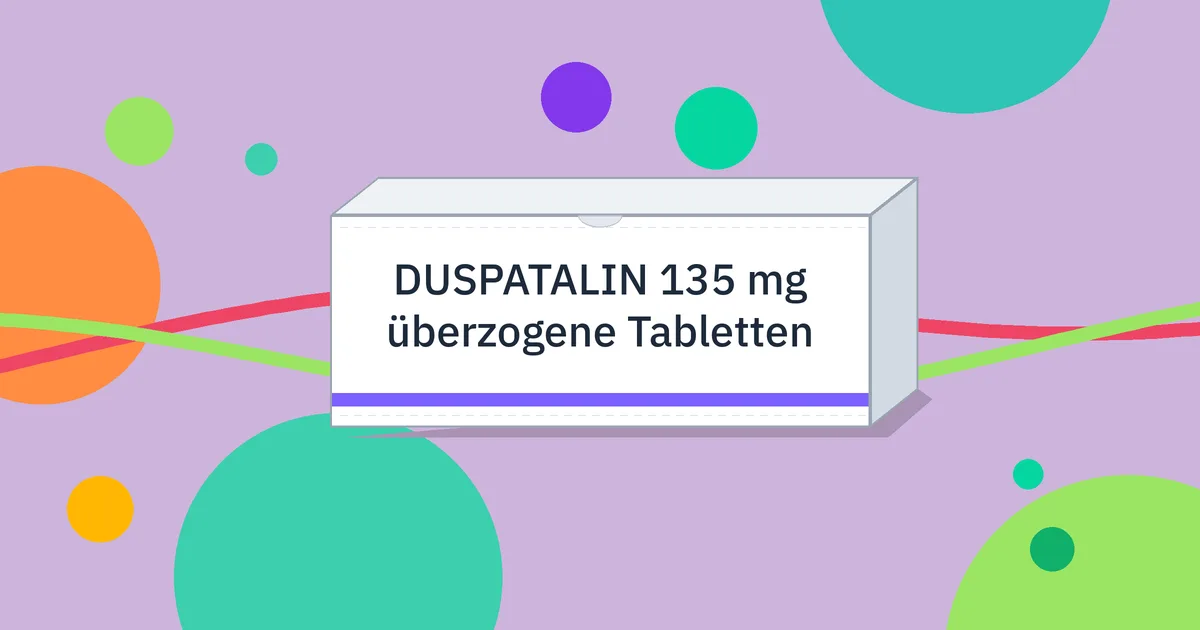 Symbolbild: Packung mit der Aufschrift DUSPATALIN 135 mg überzogene Tabletten (PZN 02742349) – Verfügbarkeit und Bezug in Apotheken in Frankfurt am Main