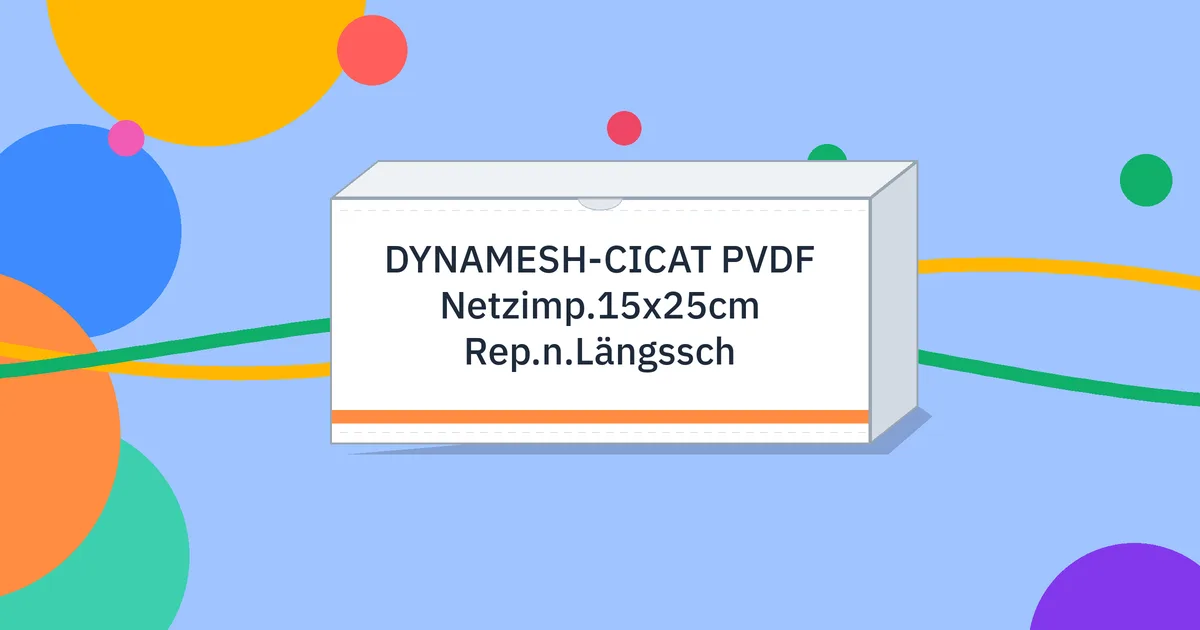 Symbolbild: Packung mit der Aufschrift DYNAMESH-CICAT PVDF Netzimp.15x25cm Rep.n.Längssch (PZN 19372460) – Verfügbarkeit und Bezug in Apotheken in Frankfurt am Main