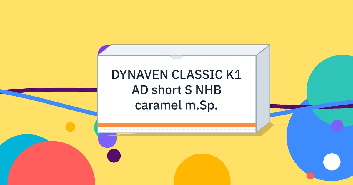Symbolbild: Packung mit der Aufschrift DYNAVEN CLASSIC K1 AD short S NHB caramel m.Sp. (PZN 18415150) – Verfügbarkeit und Bezug in Apotheken in Frankfurt am Main
