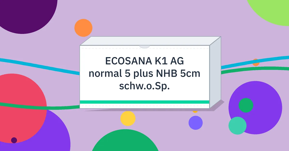 Symbolbild: Packung mit der Aufschrift ECOSANA K1 AG normal 5 plus NHB 5cm schw.o.Sp. (PZN 04728879) – Verfügbarkeit und Bezug in Apotheken in Frankfurt am Main