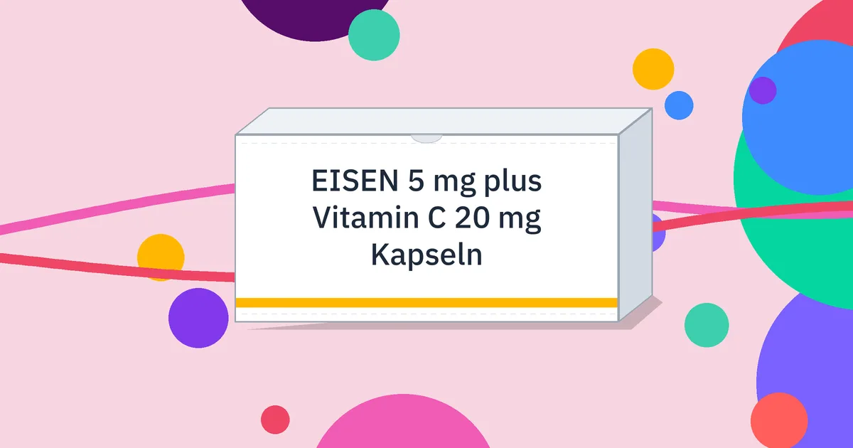 Symbolbild: Packung mit der Aufschrift EISEN 5 mg plus Vitamin C 20 mg Kapseln (PZN 20085139) – Verfügbarkeit und Bezug in Apotheken in Frankfurt am Main