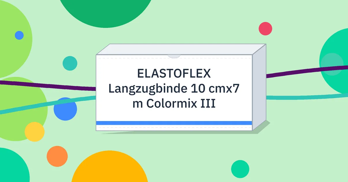 Symbolbild: Packung mit der Aufschrift ELASTOFLEX Langzugbinde 10 cmx7 m Colormix III (PZN 17491775) – Verfügbarkeit und Bezug in Apotheken in Frankfurt am Main