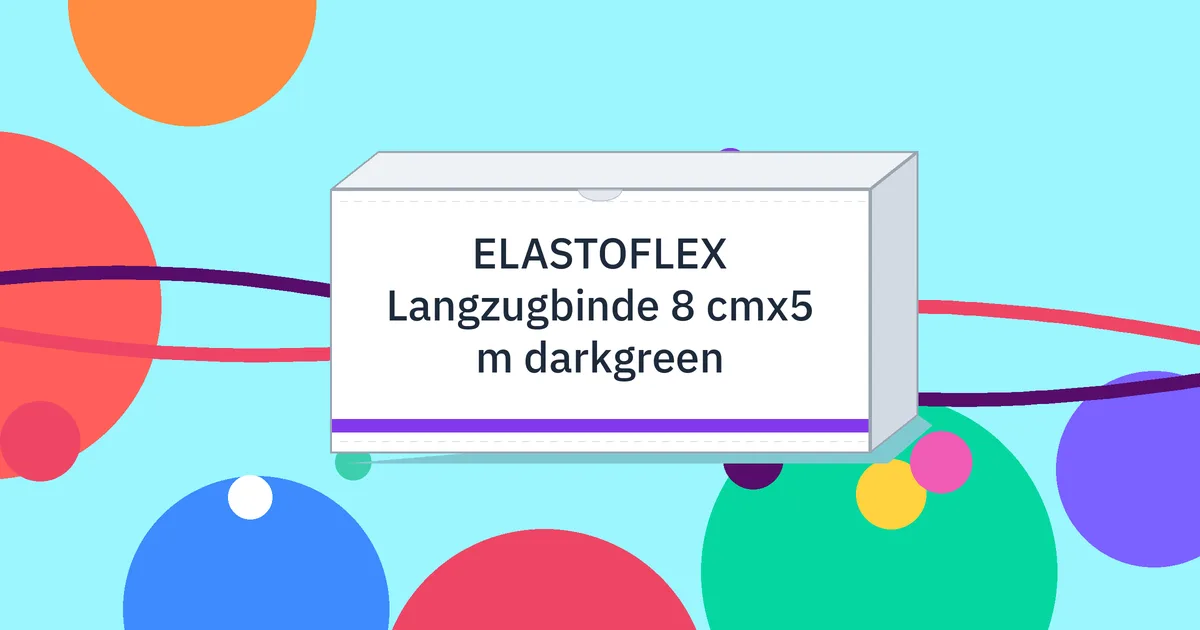 Symbolbild: Packung mit der Aufschrift ELASTOFLEX Langzugbinde 8 cmx5 m darkgreen (PZN 17175761) – Verfügbarkeit und Bezug in Apotheken in Frankfurt am Main