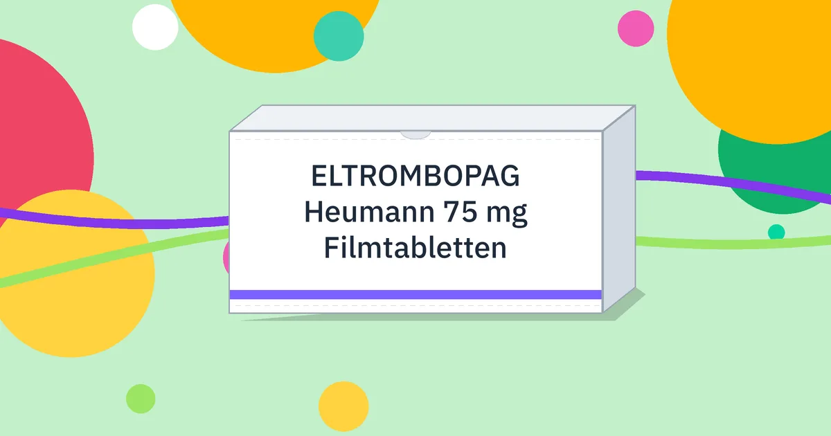 Symbolbild: Packung mit der Aufschrift ELTROMBOPAG Heumann 75 mg Filmtabletten (PZN 19421282) – Verfügbarkeit und Bezug in Apotheken in Frankfurt am Main
