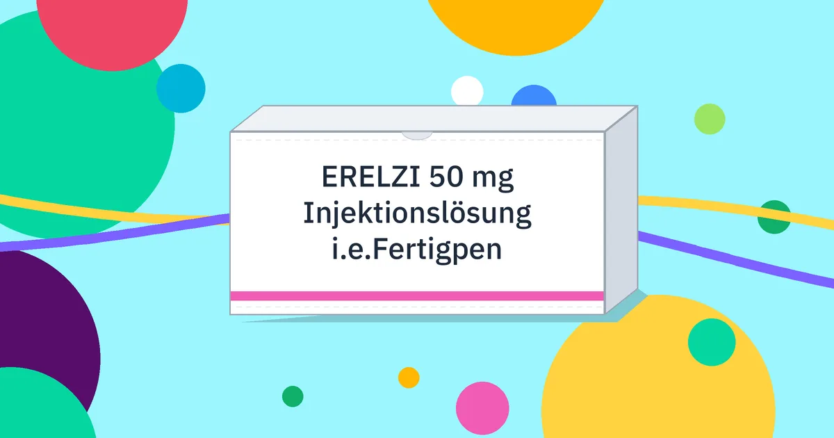 Symbolbild: Packung mit der Aufschrift ERELZI 50 mg Injektionslösung i.e.Fertigpen (PZN 16037011) – Verfügbarkeit und Bezug in Apotheken in Frankfurt am Main